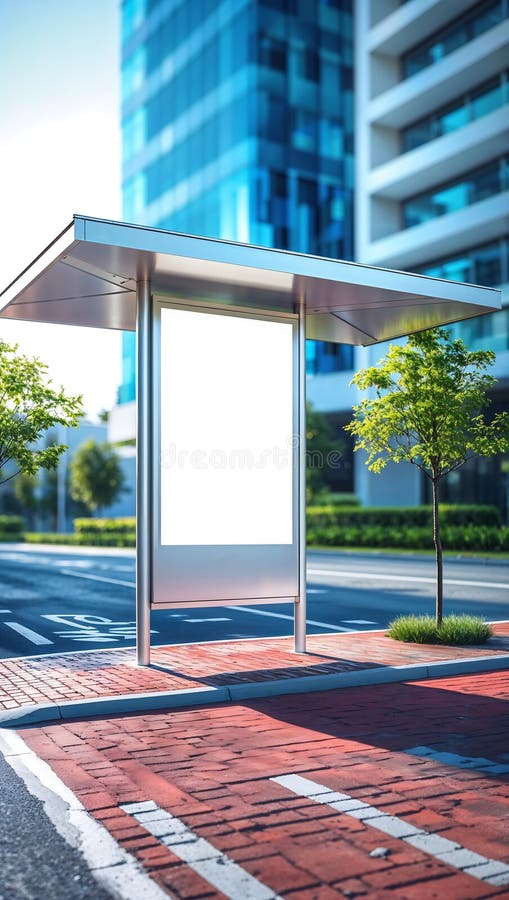 Brightly Lit Urban Bus Stop with Blank White Ad Display Stock ...