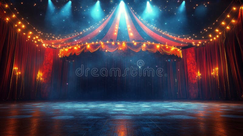 Brightly Lit Circus Stage with Colorful Lights and Microphone Ready for ...
