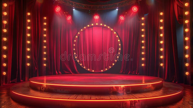 Circus Stage Podium with Red Curtains and Bright Lights in a Festive ...