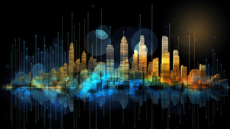 Brightly lit city skyline stock illustration. Illustration of landmarks ...