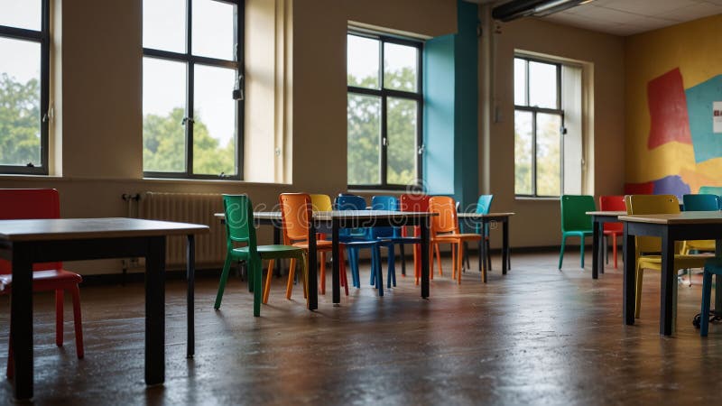 Brightly Lit Classroom with Colorful Chairs and Desks in Modern ...