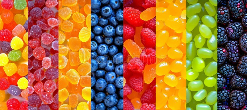 Brightly Lit Collage of Candy Products Divided with White Vertical ...