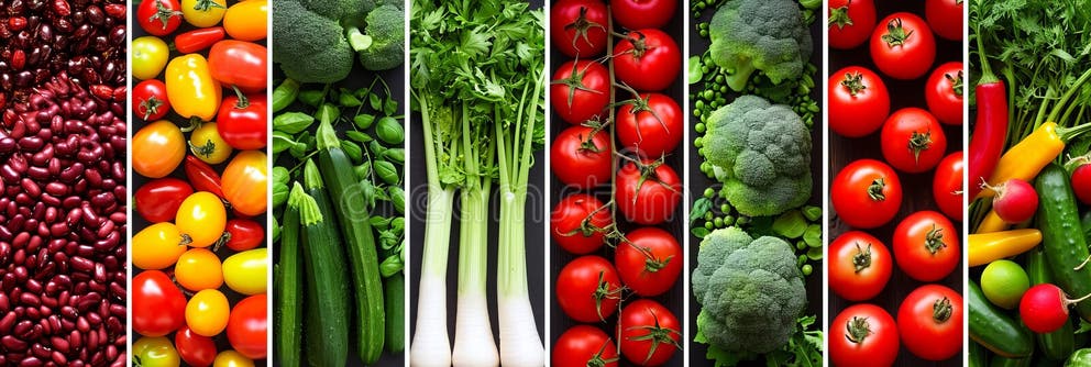 Brightly Lit Collage of Vegetable Products Divided by White Vertical ...