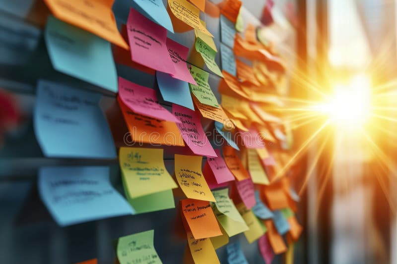 Brightly Lit Colorful Sticky Notes on Glass Surface Stock Illustration ...