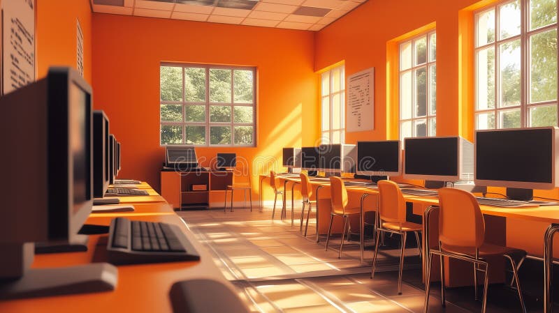 Brightly Lit Computer Classroom with Rows of Desks and Monitors during ...