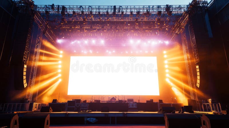 Brightly Lit Concert Stage with Blank Screen and Large Crowd Stock ...
