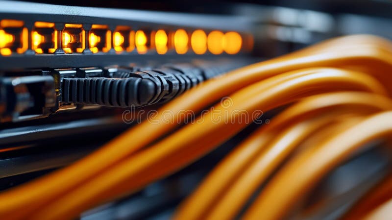 Networking Cables Connect To a Server with Glowing Indicators in a Data ...