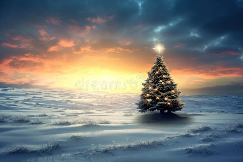 Brightly Lit Covered Christmas Tree, Merry Christmas Greeting ...