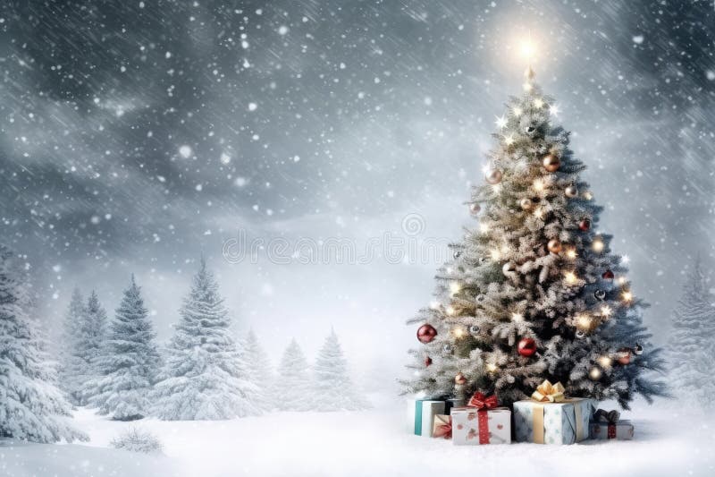 Brightly Lit Covered Christmas Tree, Merry Christmas Greeting ...