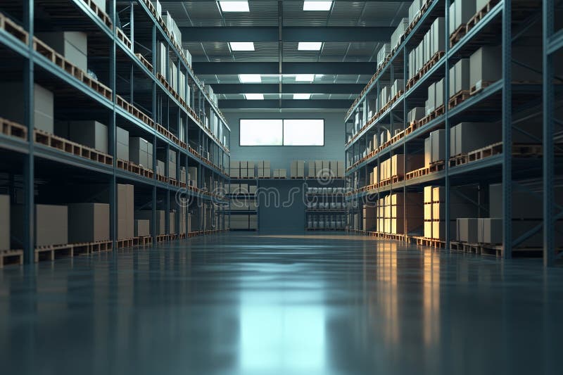 Brightly Lit 3d Warehouse with High Shelves, Pallets, and Organized ...