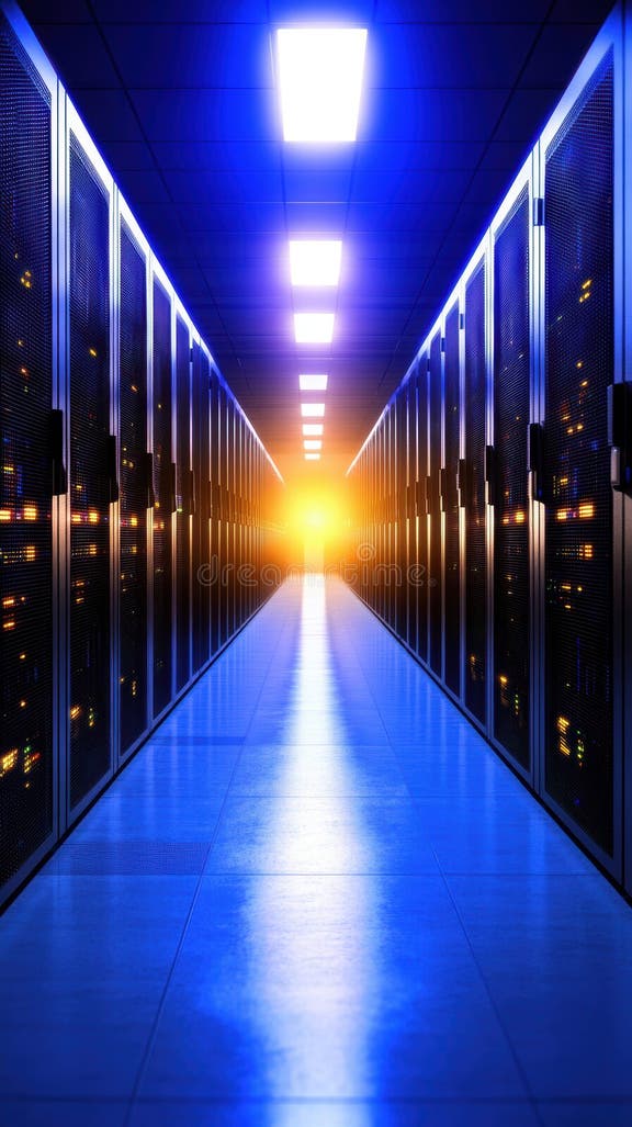 Brightly Lit Data Center Hallway with Glowing Servers Stock ...