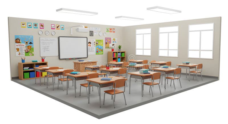 Brightly Lit Empty Classroom with Desks, Chairs, Whiteboard and ...