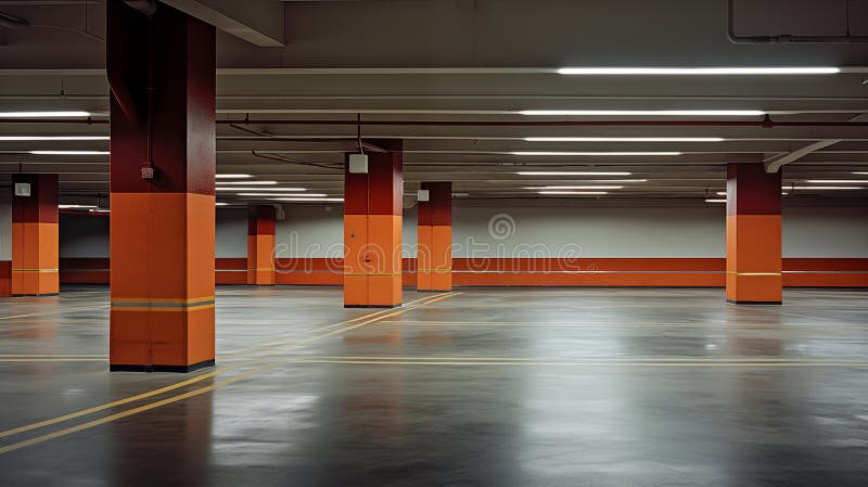 Brightly Lit Empty Parking Garage with Yellow Columns, Concrete ...