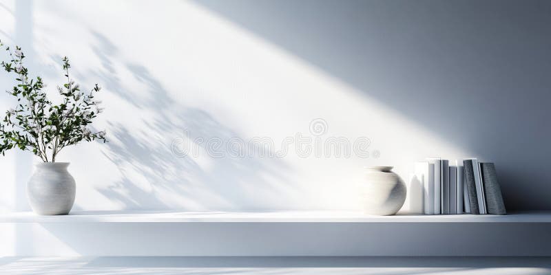 Brightly Lit Empty White Shelves with Decorative Elements and Shadows ...