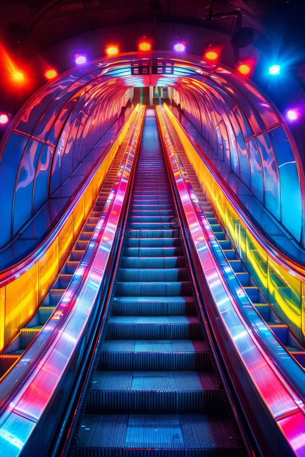 A Brightly Lit Escalator with a Colorful Design on it, AI Stock Photo ...