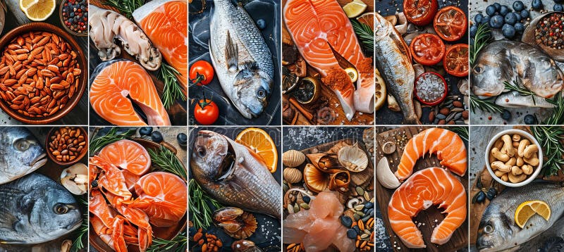 Brightly Lit Food Product Collage with White Vertical Lines, Segmented ...