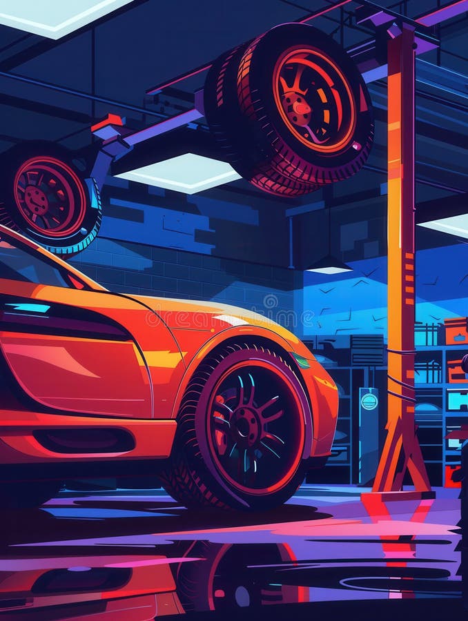 In a Brightly Lit Garage, a Car is Elevated As a Mechanic Changes Its ...