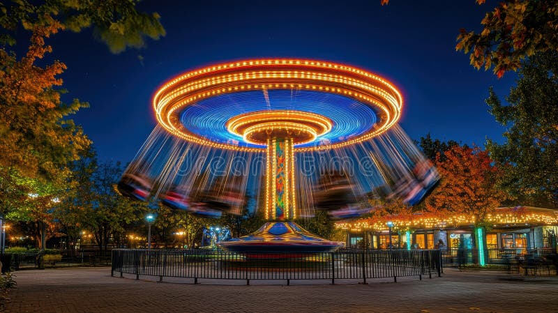 A Brightly Lit Giraffe Ride in a Park during the Night, Creating a ...