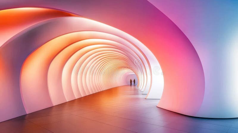 A Brightly Lit Hallway with Classical Columns and Colorful Panels ...