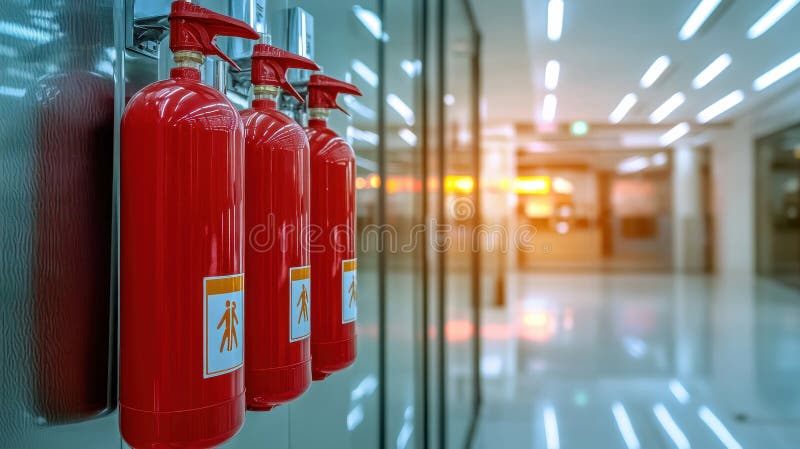 Brightly Lit Hallway with a Prominently Placed Fire Extinguisher on a ...