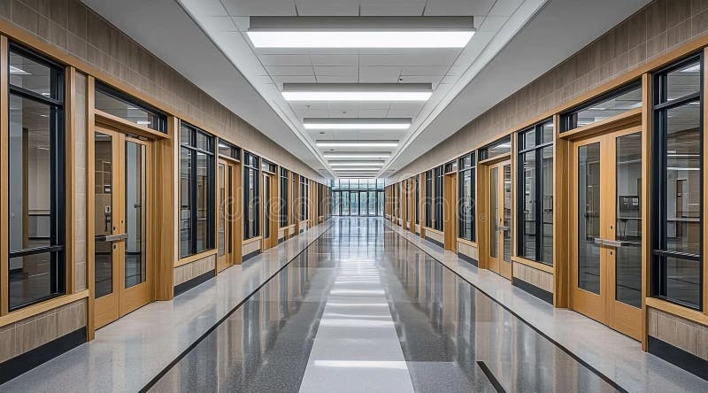 Brightly Lit High School Hallway with Doors Lining Both Sides of the ...