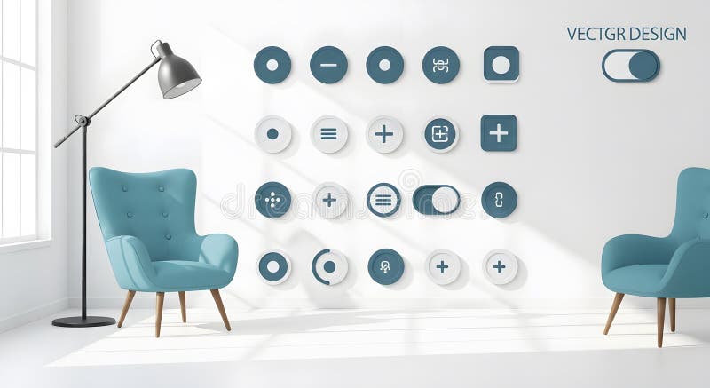 Contemporary Interior Scene with Teal Armchairs, Floor Lamp and ...