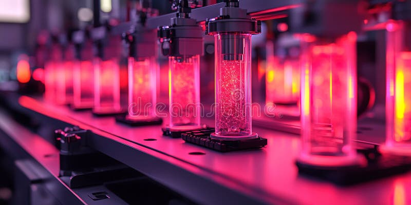 Brightly Lit Laboratory with Glowing Glass Vials Containing Liquid ...