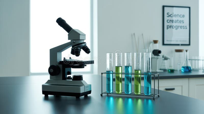 Science Lab Setup with a Microscope and Test Tubes Filled with Blue and ...