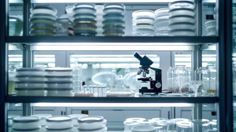 Brightly Lit Laboratory Shelves Display a Microscope and an Array of ...