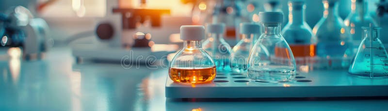 Illuminated Lamp on a Research Table with Glassware and a Microscope in ...