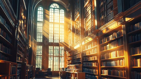 A Brightly Lit Library with Tall Shelves and Sunlight Streaming Stock ...