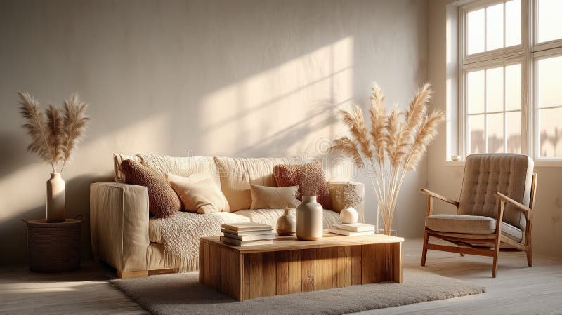 Brightly Lit Living Room with a Cozy Sofa and Stylish Decor Elements ...