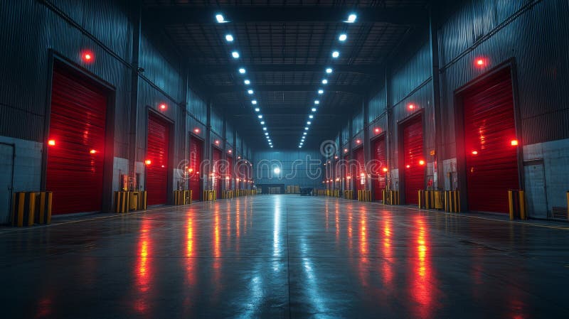 Brightly Lit Logistics Warehouse with Loading Docks and Reflective ...