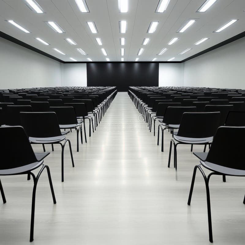 Brightly Lit Minimalist Corporate Training Room with Empty Black Chairs ...
