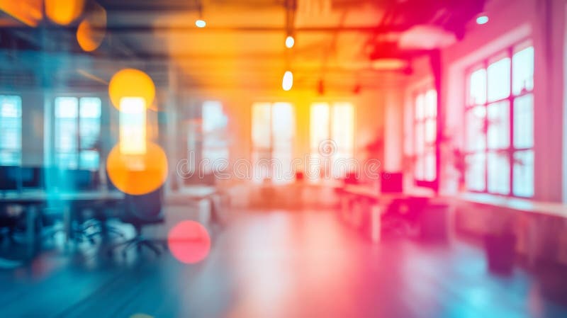 Brightly Lit Modern Office Space with Blurred Lights during the Late ...