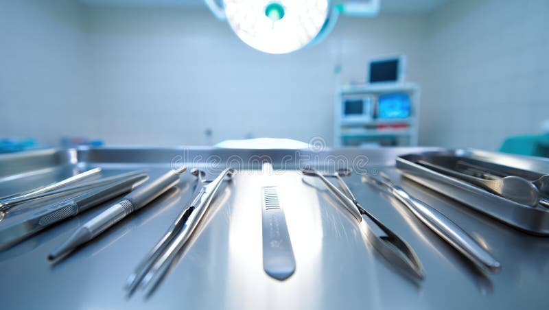 Brightly Lit Modern Operating Room with Surgical Instruments Neatly ...