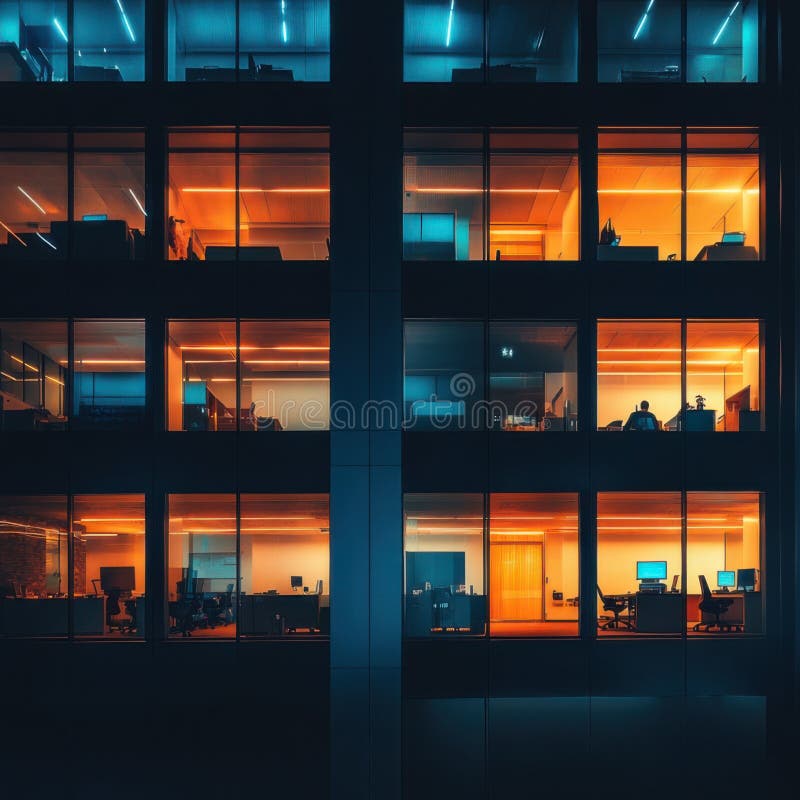 Brightly Lit Office Building at Night Showcasing Modern Workspace and ...