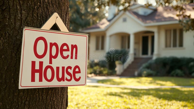 Brightly Lit Open House Sign in Front Yard of Upscale Home Surrounded ...