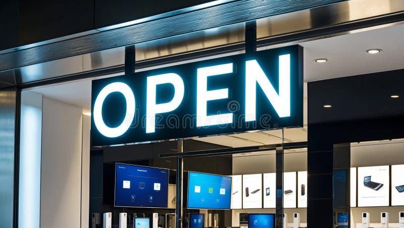 Brightly Lit Open Sign in Modern Electronics Storefront Stock ...