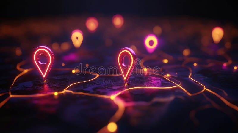 Brightly Lit Pins on a Modern Digital Map, Featuring Luminous Effects ...