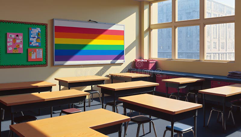 Brightly Lit Pixel Art Classroom with Rainbow Pride Flag Stock ...