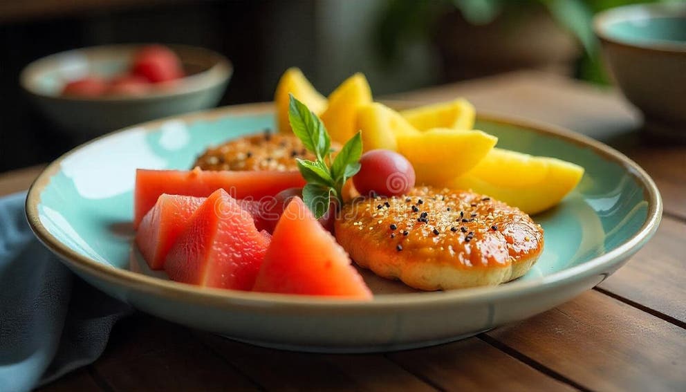 Plate of Fresh Summer Fruit with Toasted Bread Stock Image - Image of ...
