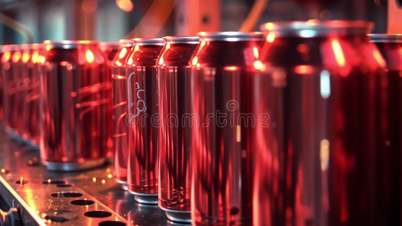 Brightly Lit Production Area Features Rows of Shiny Red Soda Cans Being ...