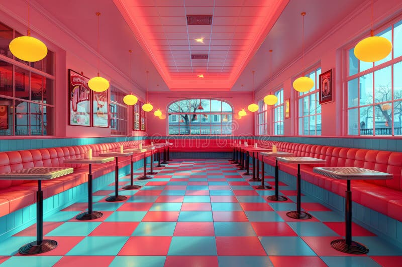 Retro Diner Interior with Red Booths and Checkered Floor Stock Image ...