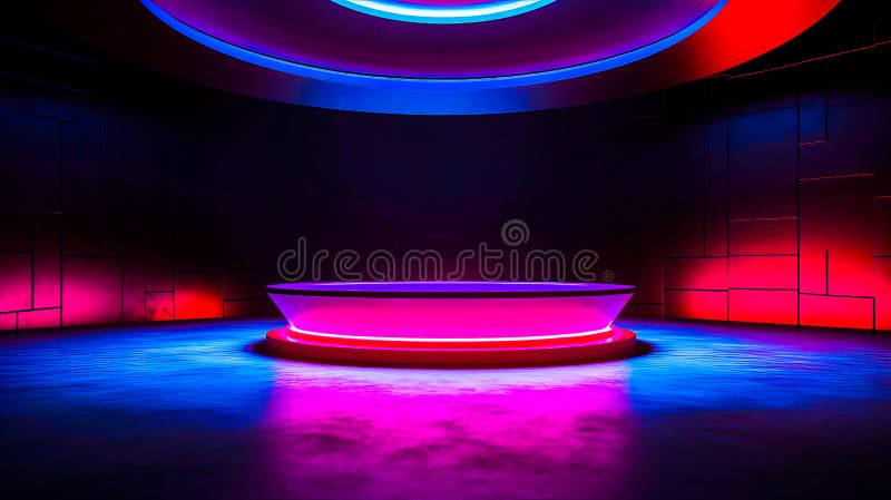 Brightly Lit Room with Round Table and Neon Lights on the Walls ...