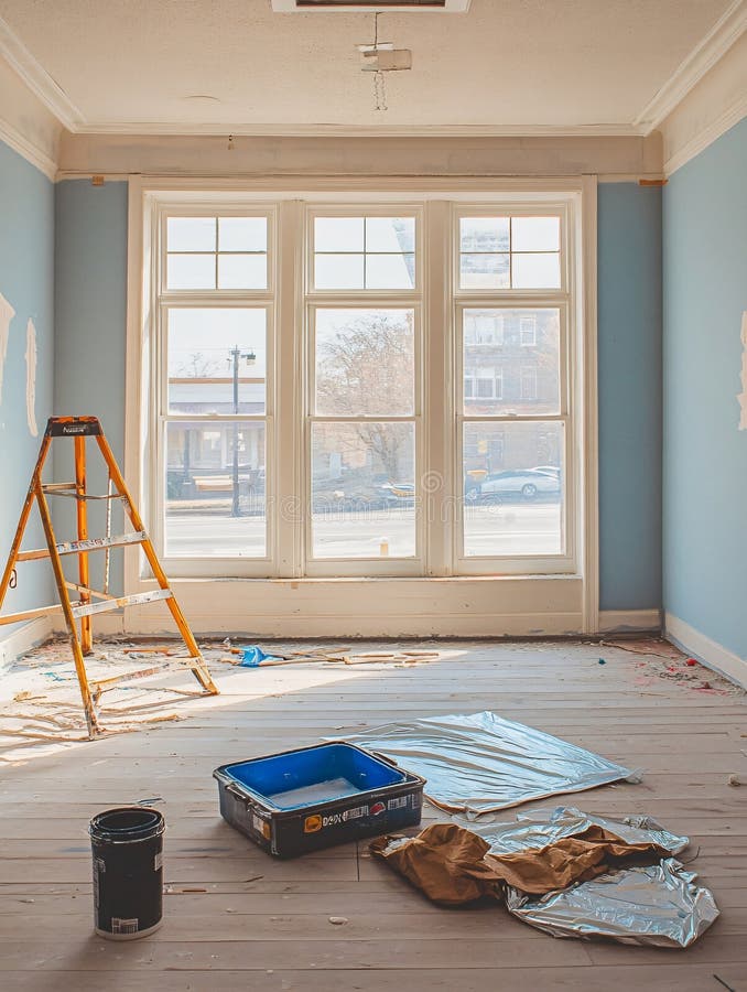 Brightly Lit Room with Tools and Materials for a Home Renovation ...