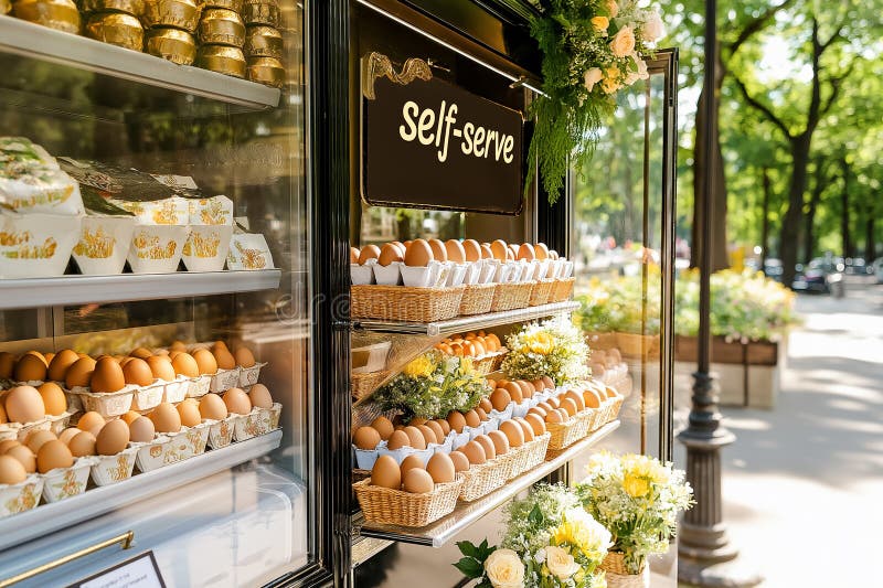 Brightly Lit Self-serve Stand Showcases an Array of Fresh Eggs in Cozy ...