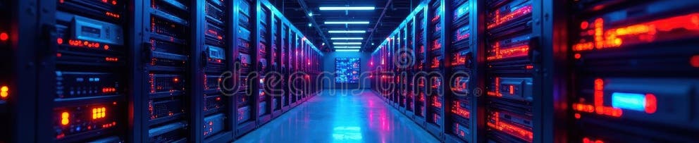 Brightly Lit Server Room with Active Network Equipment, Showcasing Data ...