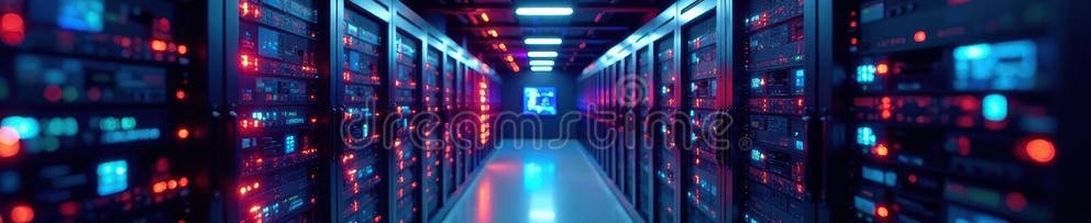 Brightly Lit Server Room with Active Network Equipment, Showcasing Data ...
