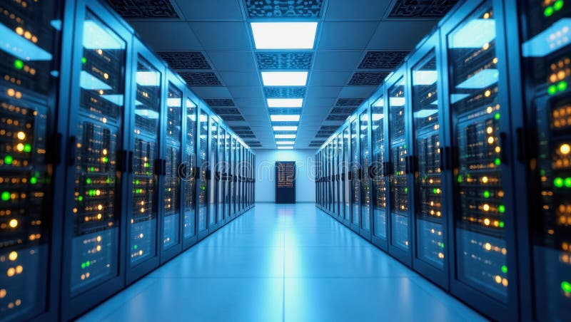 Brightly Lit Server Room with Blue Lighting and Organized Racks Stock ...